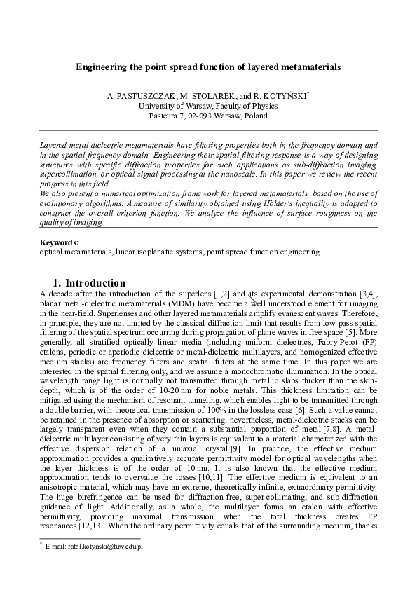 (PDF) Engineering the point spread function of layered metamaterials