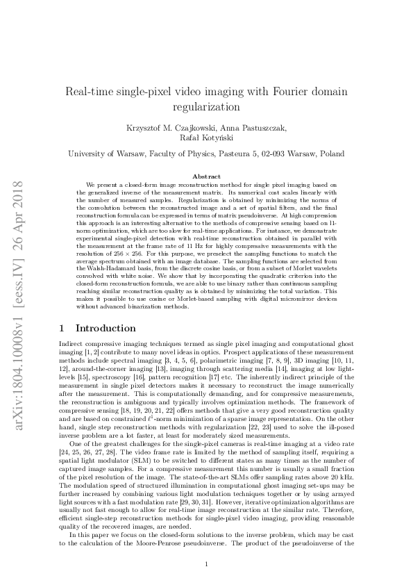 (PDF) Real-time single-pixel video imaging with Fourier domain regularization