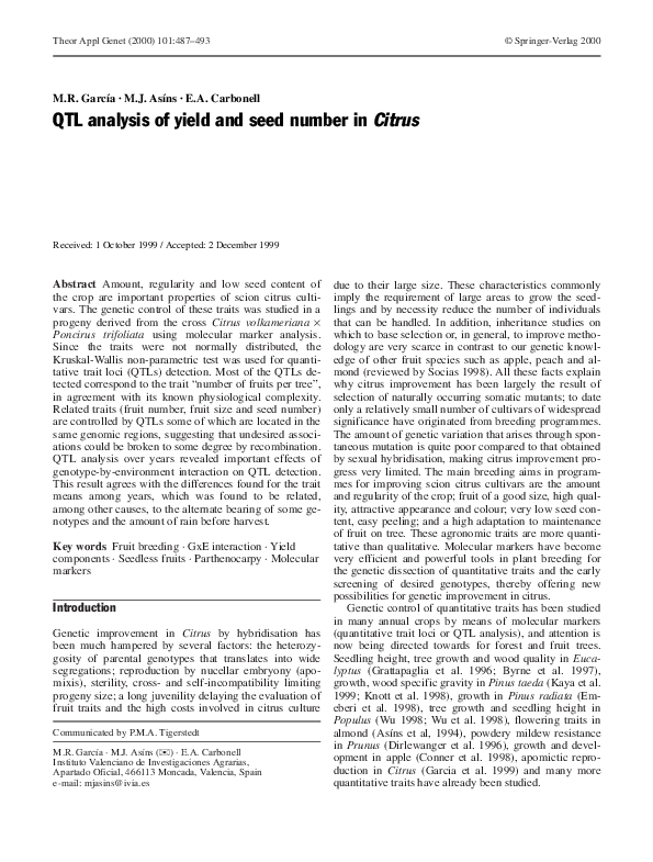 (PDF) QTL analysis of yield and seed number in Citrus