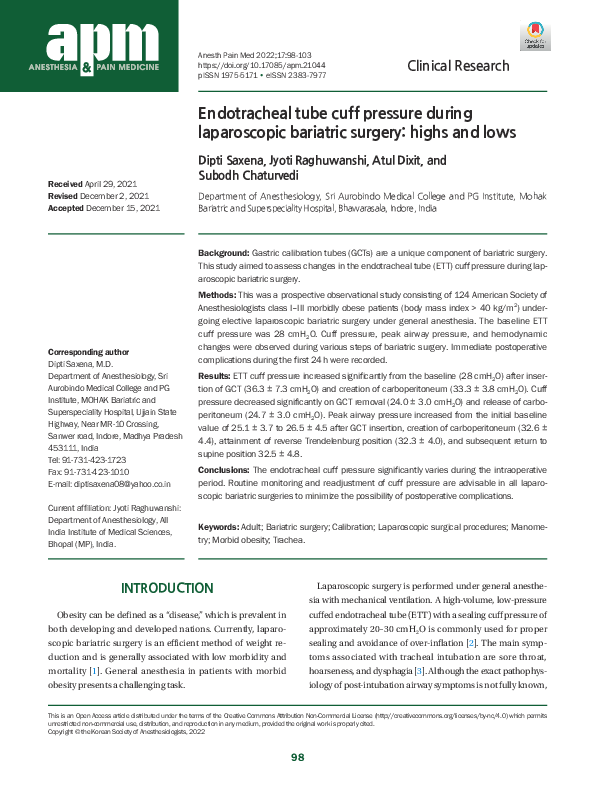 (PDF) Endotracheal tube cuff pressure during laparoscopic bariatric ...