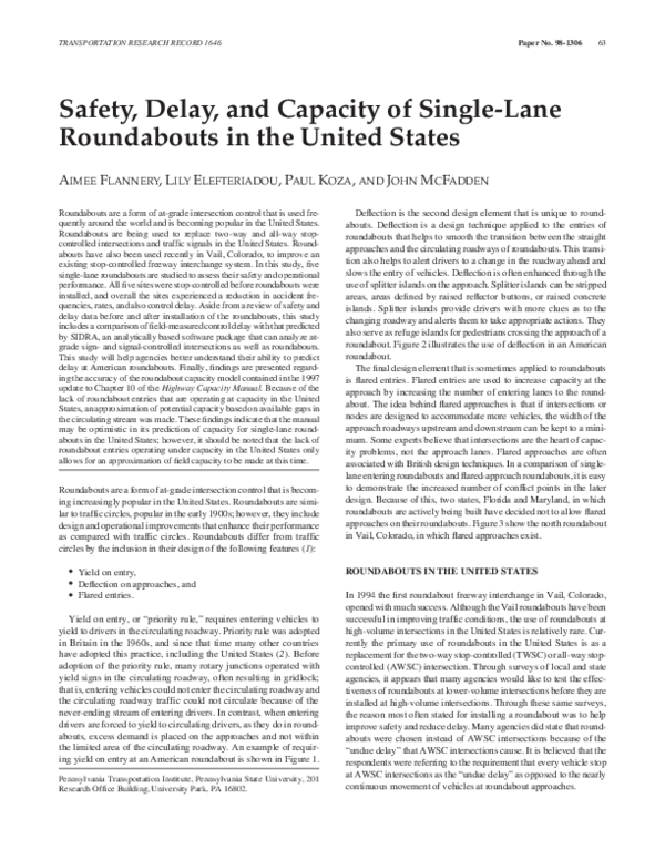(PDF) Safety, Delay, and Capacity of Single-Lane Roundabouts in the ...