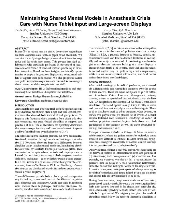 (PDF) Maintaining shared mental models in anesthesia crisis care with nurse tablet input and ...