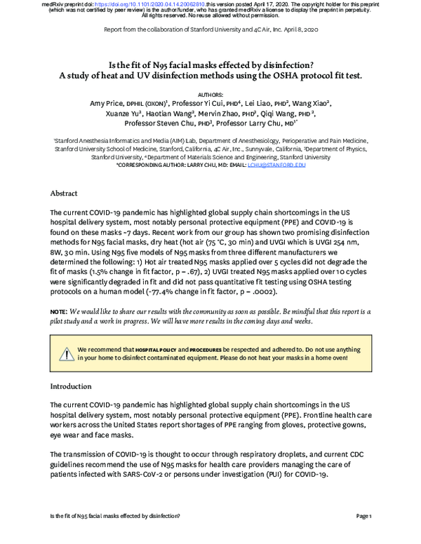 (PDF) Is the fit of N95 facial masks effected by disinfection? A study ...