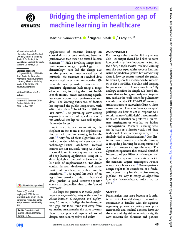 (PDF) Bridging the implementation gap of machine learning in healthcare