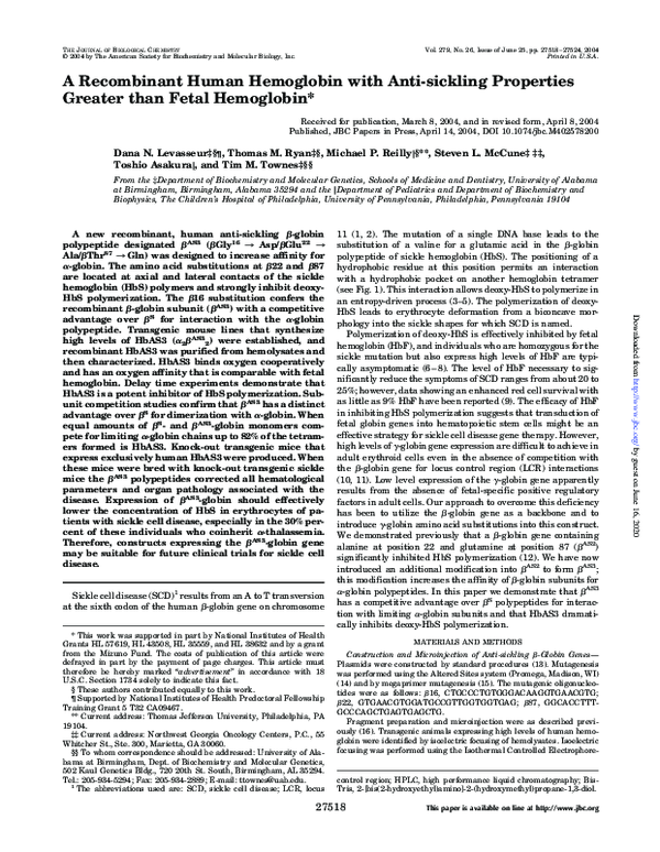 (PDF) A Recombinant Human Hemoglobin with Anti-sickling Properties ...