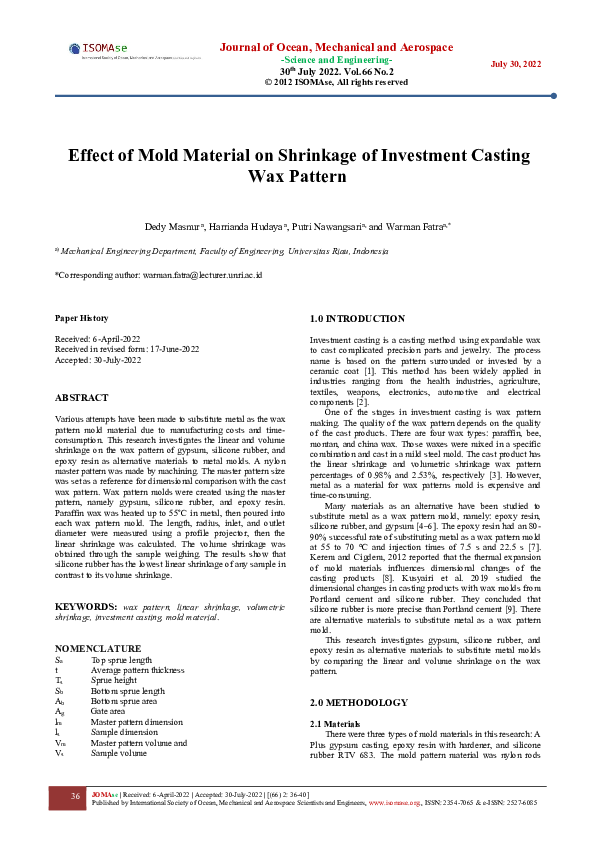 (PDF) Effect of Mold Material on Shrinkage of Investment Casting Wax Pattern