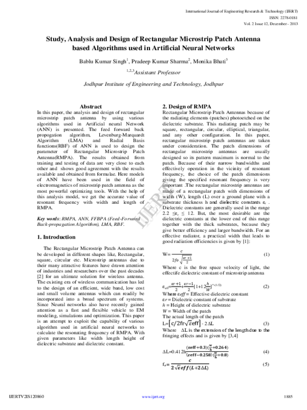 (PDF) Study, Analysis and Design of Rectangular Microstrip Patch Antenna based Algorithms used ...