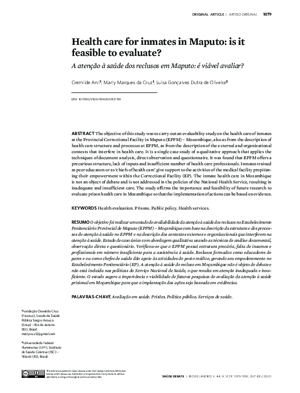 (PDF) Health care for inmates in Maputo: is it feasible to evaluate?