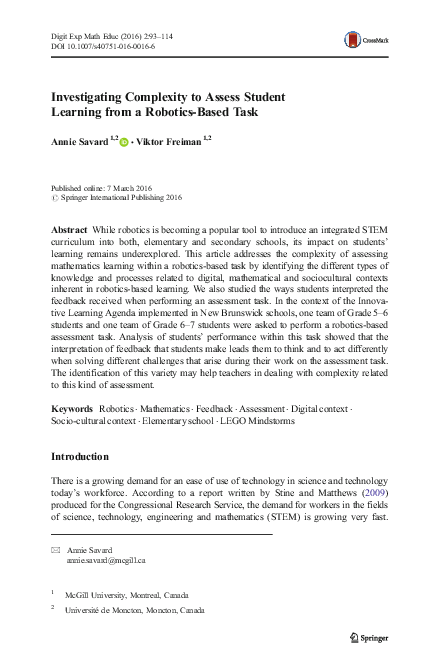 (PDF) Investigating Complexity to Assess Student Learning from a Robotics-Based Task