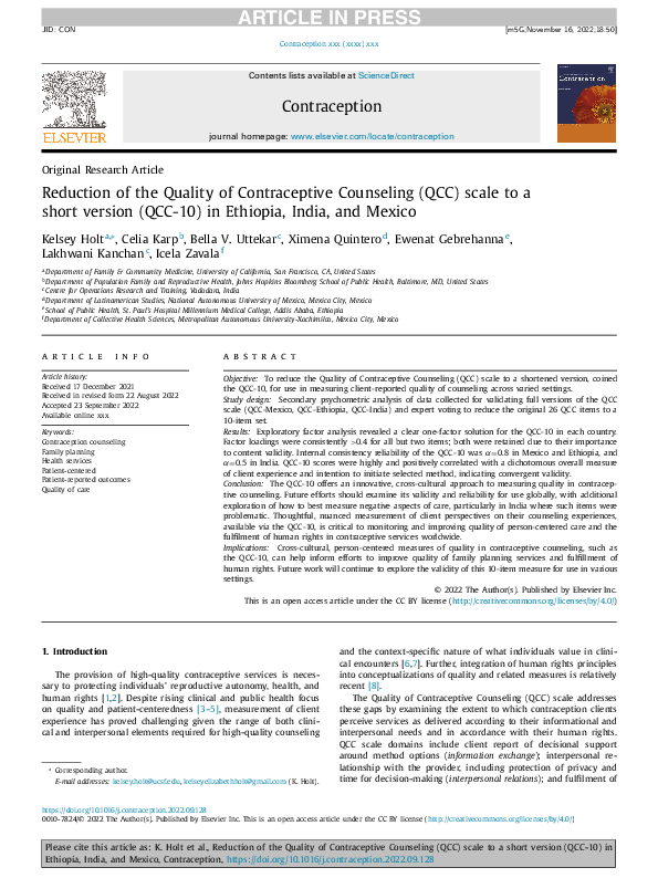 Pdf Reduction Of The Quality Of Contraceptive Counseling Qcc Scale To A Short Version Qcc