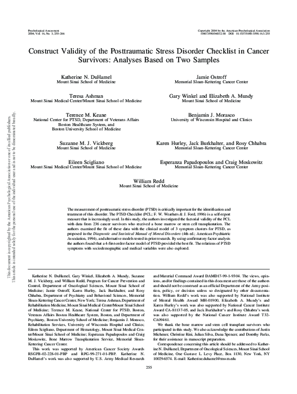 (PDF) Construct Validity of the Posttraumatic Stress Disorder Checklist in Cancer Survivors ...