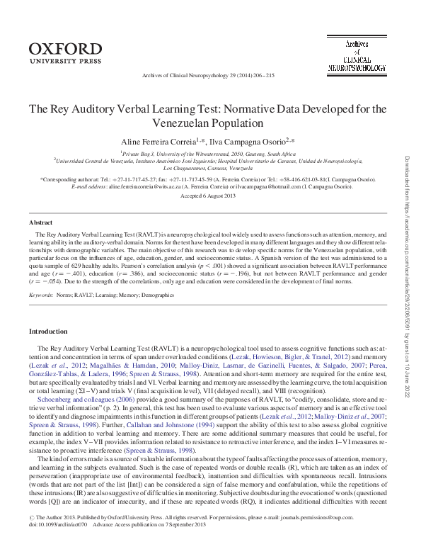 (PDF) The Rey Auditory Verbal Learning Test: Normative Data Developed ...