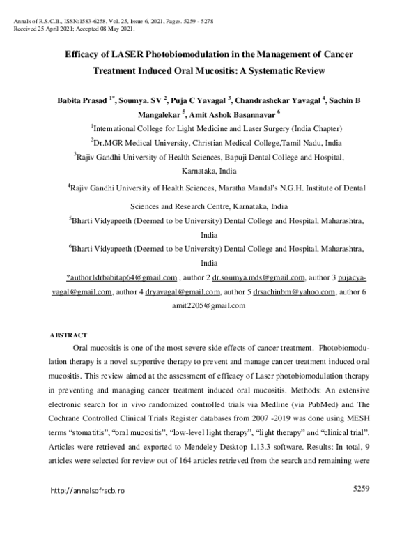 (PDF) Efficacy of LASER Photobiomodulation in the Management of Cancer Treatment Induced Oral ...