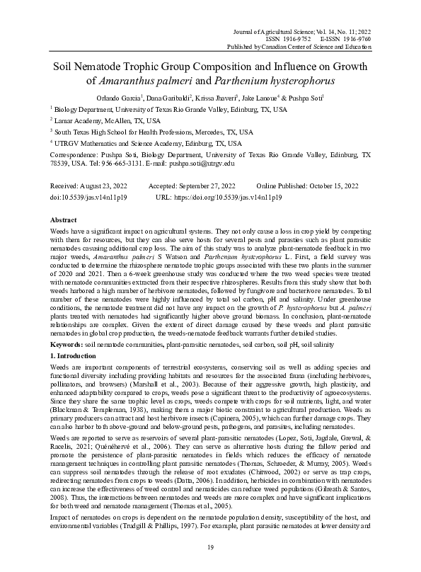 (PDF) Soil Nematode Trophic Group Composition and Influence on Growth of Amaranthus palmeri and ...