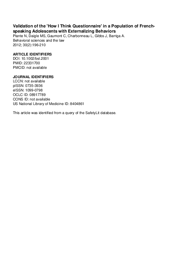 (PDF) Validation of the ‘How I Think Questionnaire’ in a Population of ...