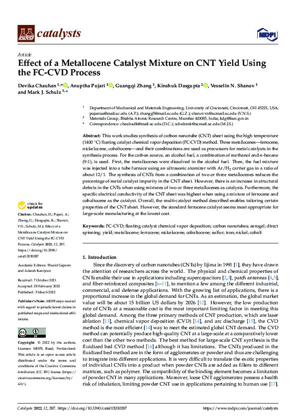 (PDF) Effect of a Metallocene Catalyst Mixture on CNT Yield Using the ...