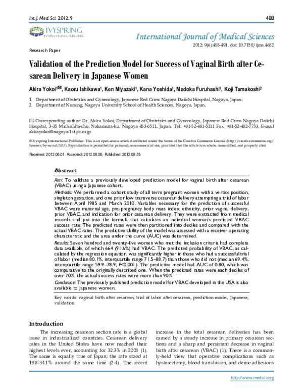 Pdf Validation Of The Prediction Model For Success Of Vaginal Birth