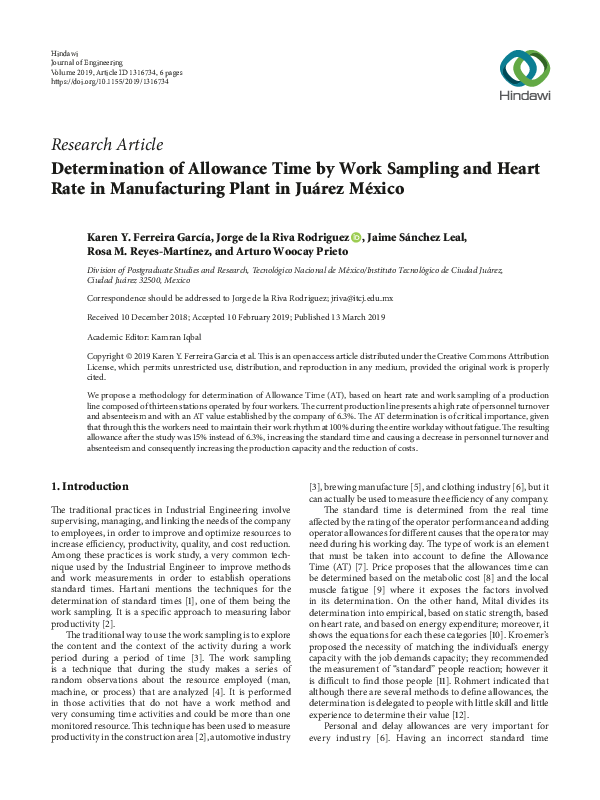 (PDF) Determination of Allowance Time by Work Sampling and Heart Rate ...