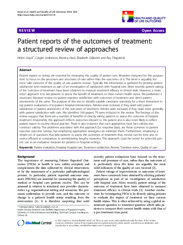 (PDF) Patient reports of the outcomes of treatment: a structured review ...