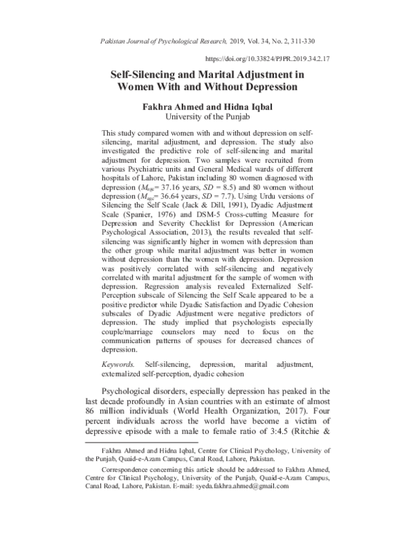 (PDF) Self-Silencing and Marital Adjustment in Women With and Without ...