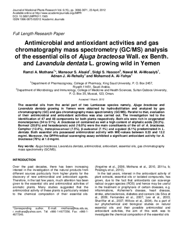 Pdf Antimicrobial And Antioxidant Activities And Gas Chromatography