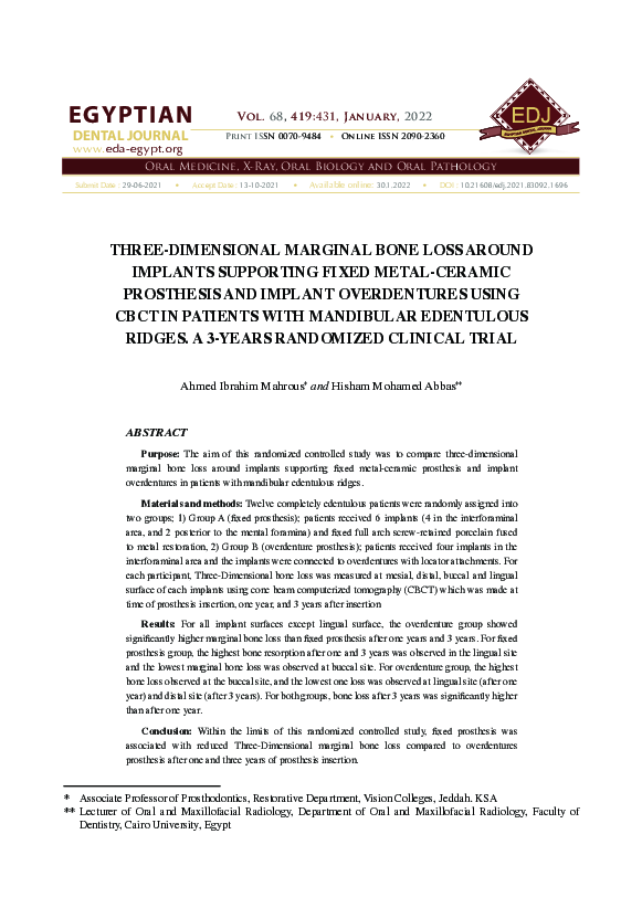 Pdf Three Dimensional Marginal Bone Loss Around Implants Supporting Fixed Metal Ceramic