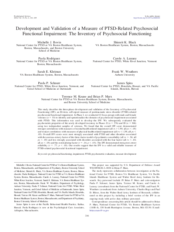 (PDF) Development and validation of a measure of PTSD-related psychosocial functional impairment ...