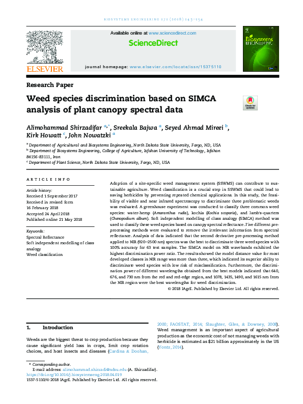 (PDF) Weed species discrimination based on SIMCA analysis of plant canopy spectral data