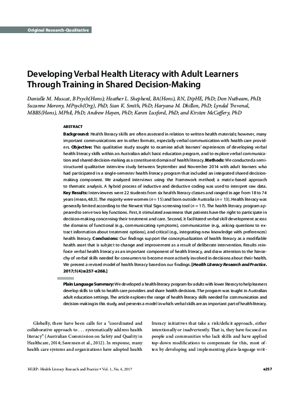 (PDF) Developing Verbal Health Literacy with Adult Learners Through ...