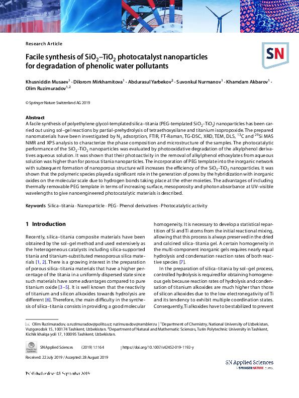 Pdf Facile Synthesis Of Sio2 Tio2 Photocatalyst Nanoparticles For