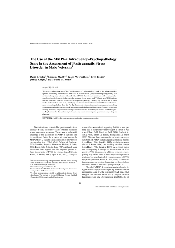 (PDF) The Use of the MMPI-2 Infrequency–Psychopathology Scale in the ...