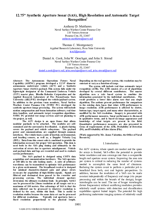 Pdf 12 75 Synthetic Aperture Sonar Sas High Resolution And Automatic Target Recognition