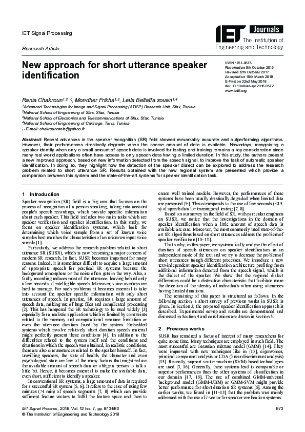 (PDF) New approach for short utterance speaker identification
