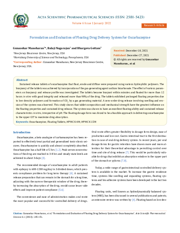 Pdf Formulation And Evaluation Of Floating Drug Delivery System For Oxcarbazepine