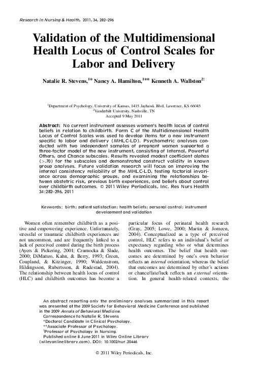 (PDF) Validation of the multidimensional health locus of control scales for labor and delivery