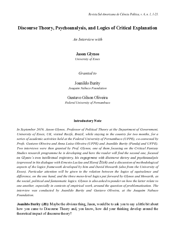 (PDF) Discourse Theory, Psychoanalysis, and Logics of Critical Explanation