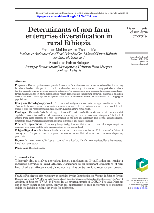 (PDF) Determinants of non-farm enterprise diversification in rural Ethiopia