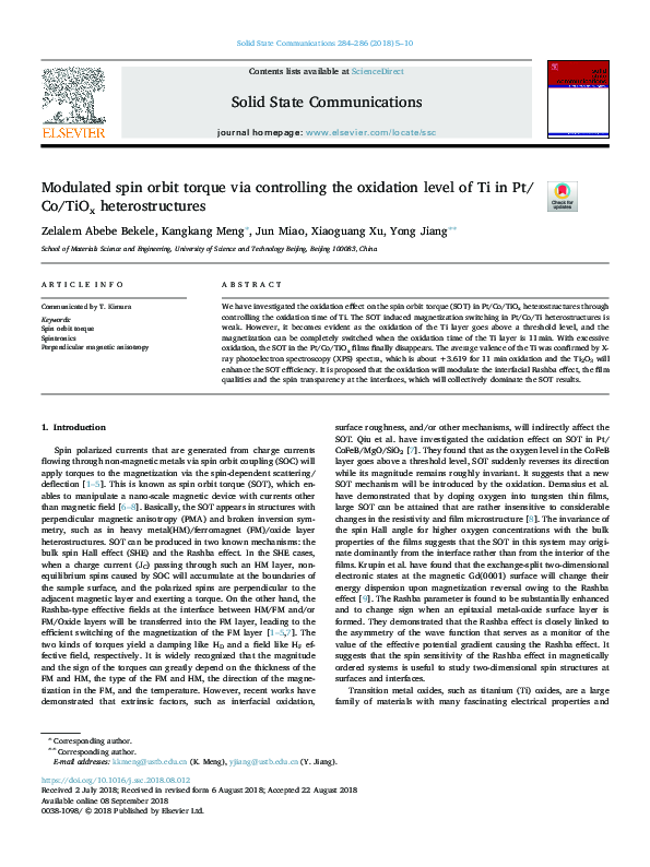 Pdf Modulated Spin Orbit Torque Via Controlling The Oxidation Level Of Ti In Ptcotiox