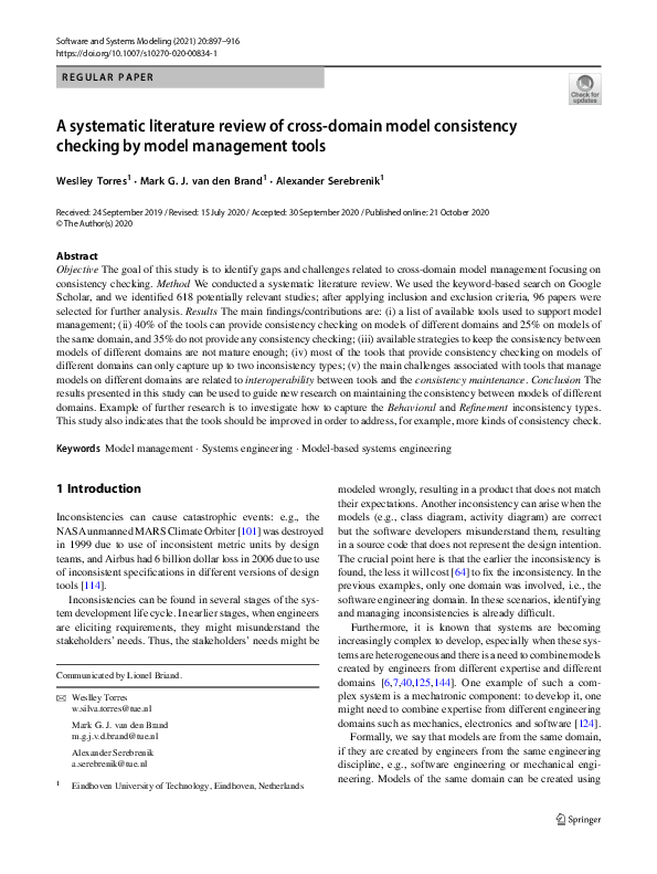 Pdf A Systematic Literature Review Of Cross Domain Model Consistency Checking By Model