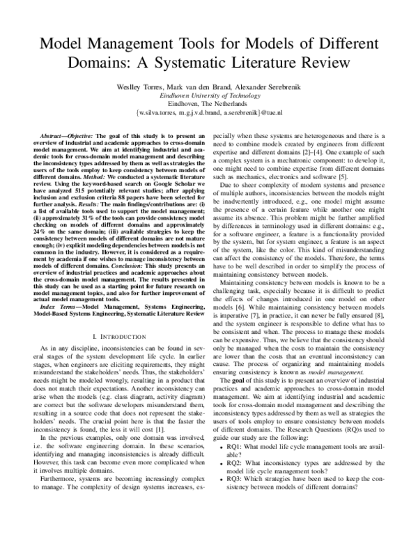 (PDF) Model Management Tools for Models of Different Domains: A Systematic Literature Review