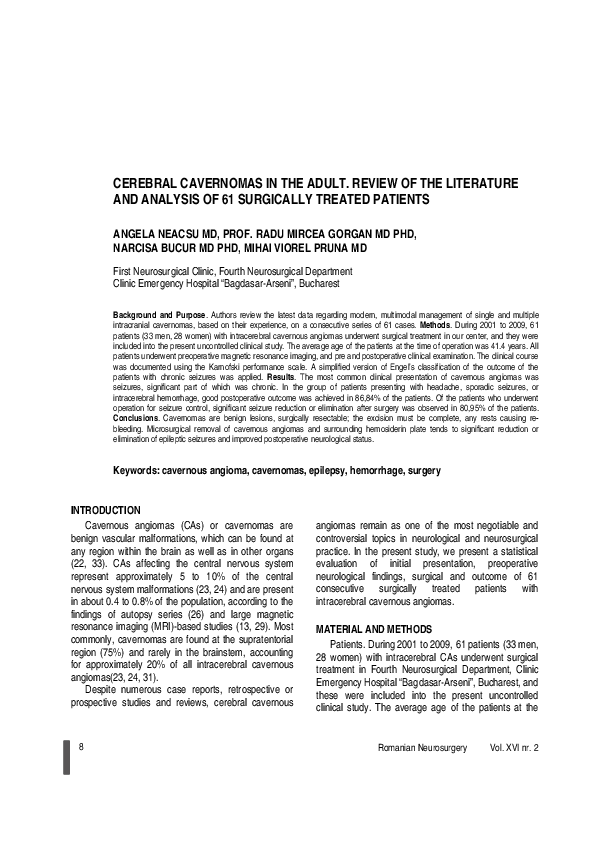 (PDF) Cerebral Cavernomas in the Adult . Review of the Literature and ...