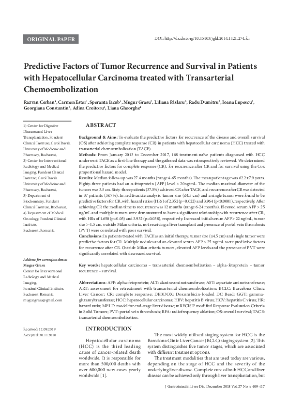 (PDF) Predictive Factors of Tumor Recurrence and Survival in Patients with Hepatocellular ...