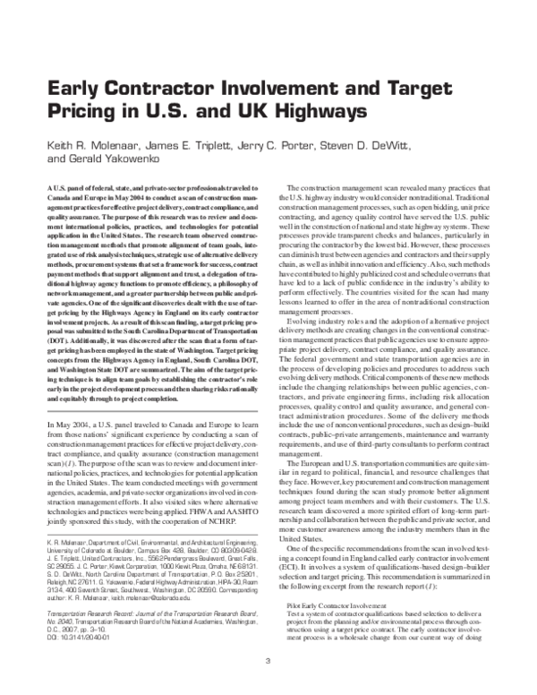 (PDF) Early Contractor Involvement and Target Pricing in U.S. and UK ...