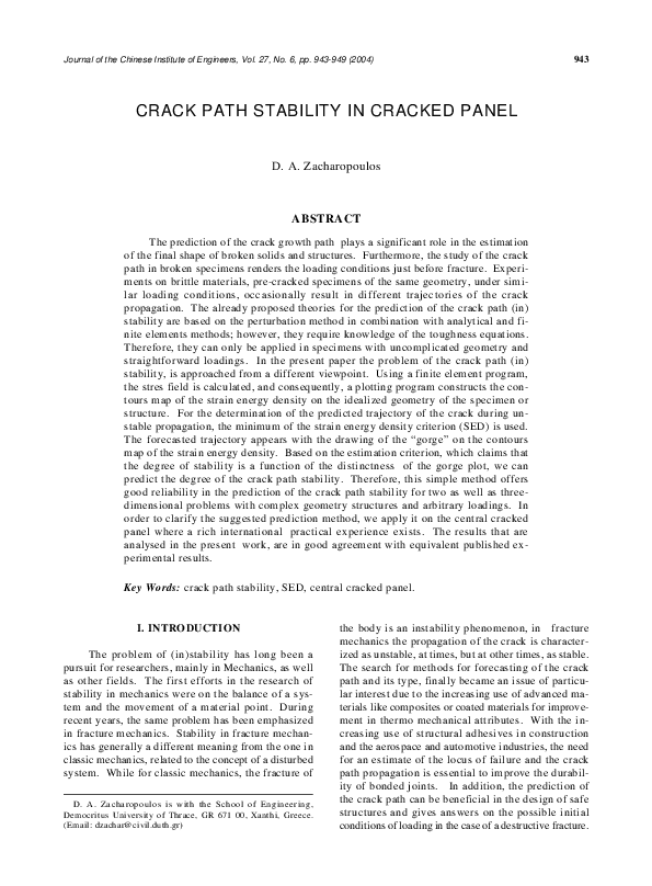 (PDF) Crack path stability in cracked panel | DIMITRIOS A ZACHAROPOULOS ...