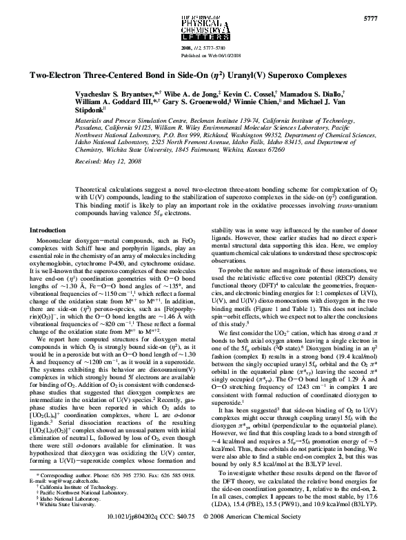 (PDF) Two-Electron Three-Centered Bond in Side-On (η 2 ) Uranyl(V ...