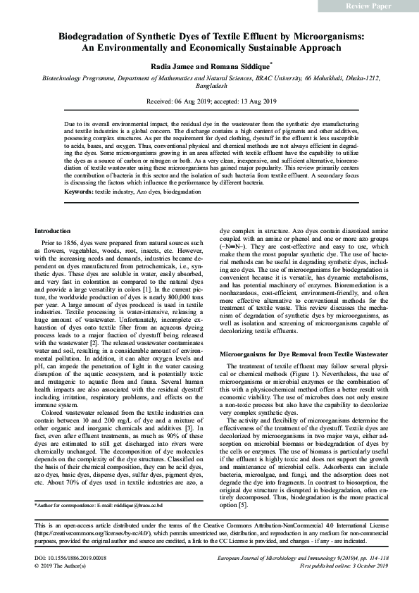 (PDF) Biodegradation of synthetic dyes of textile effluent by ...
