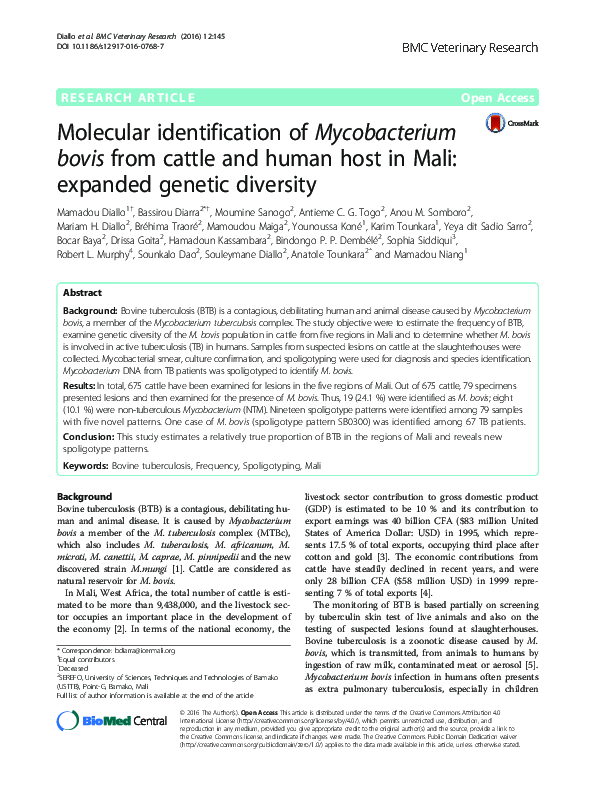(PDF) Molecular identification of Mycobacterium bovis and the ...