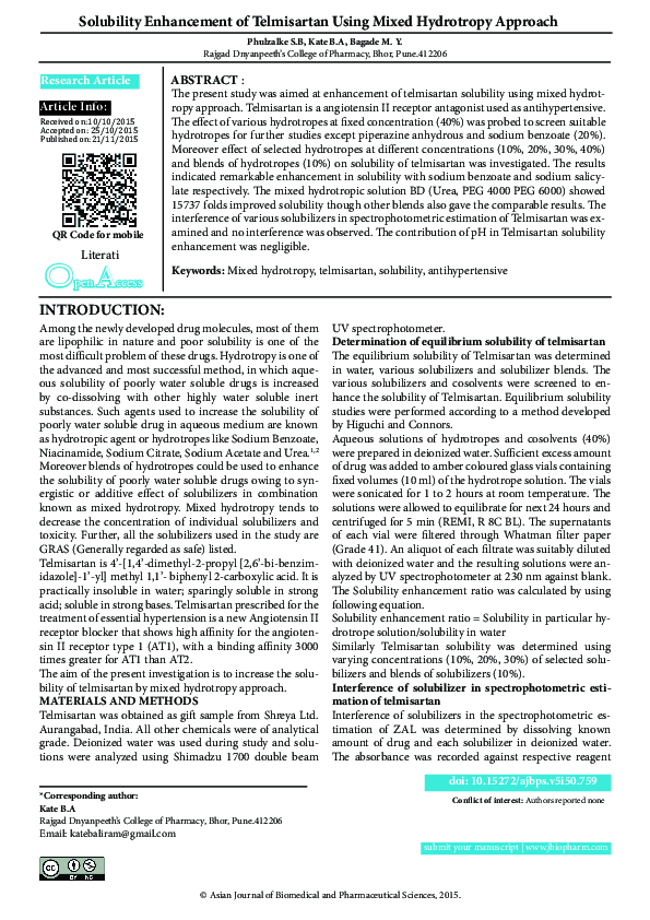 (PDF) Solubility Enhancement of Telmisartan Using Mixed Hydrotropy Approach