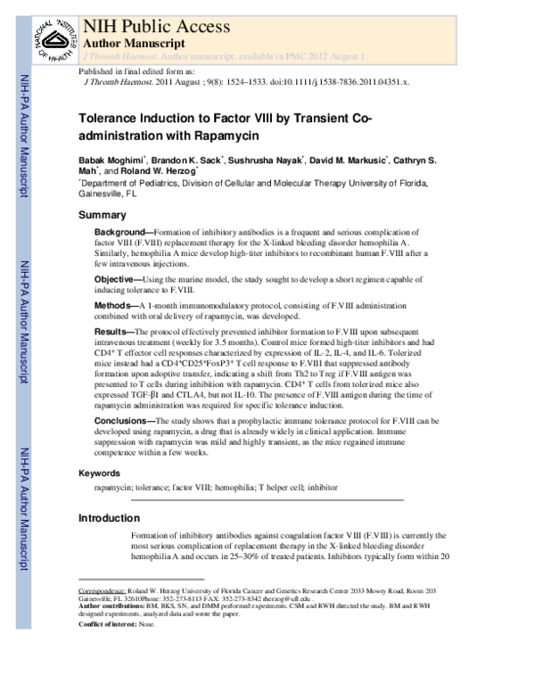 (PDF) Induction of tolerance to factor VIII by transient co ...
