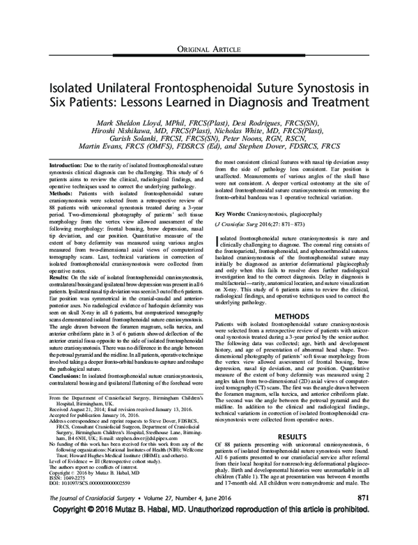 (PDF) Isolated Unilateral Frontosphenoidal Suture Synostosis in Six ...
